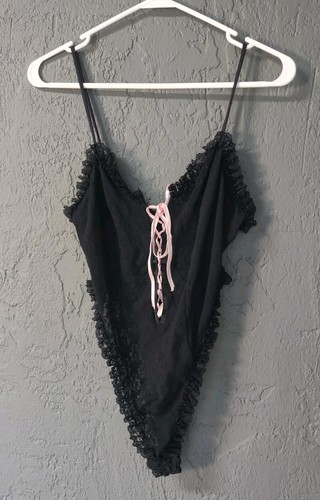 Vintage Lady Cameo Dallas Black Stretch Lace Teddy Thong Pink Bow Med ...