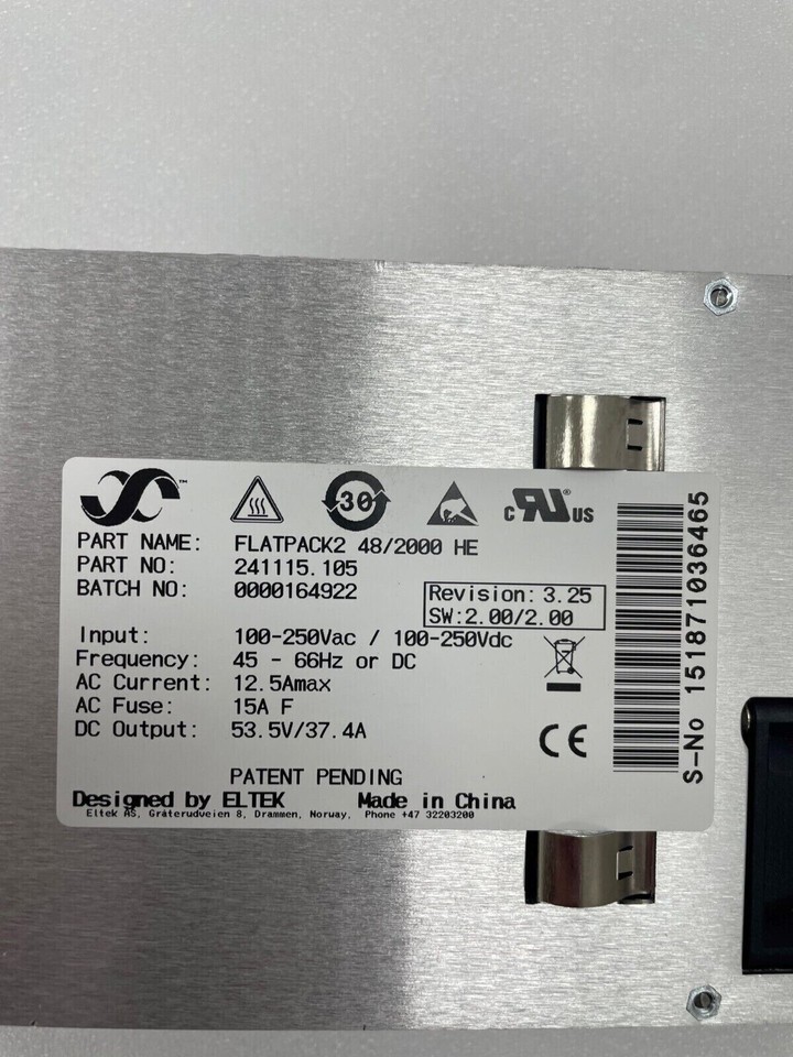 ELTEK FLATPACK2 HE 48V/2000W POWER SUPPLIES RECTIFIER MODULE 241115.105 ...