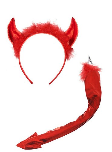Metallic Red Devil Horns & Tail Set Fancy Dress Halloween Costume ...
