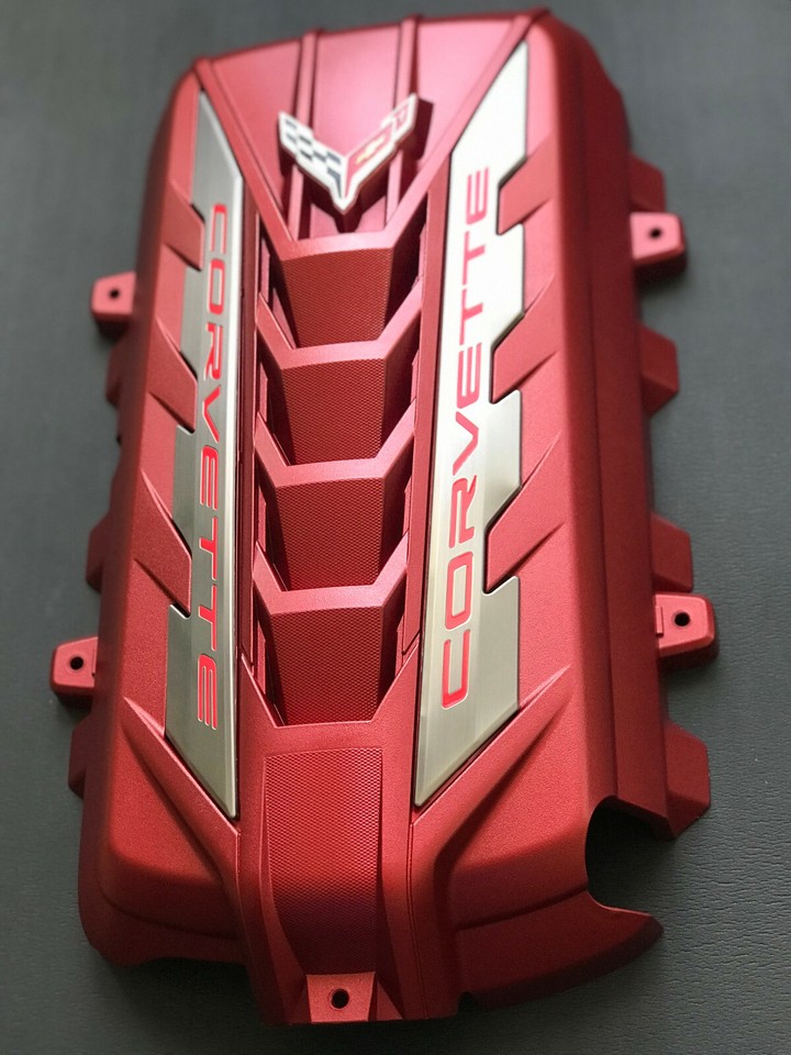 2020/24 CORVETTE C8 ENGINE COVER EDGE RED SILVER EMBLEM OEM RAILS NEW ...
