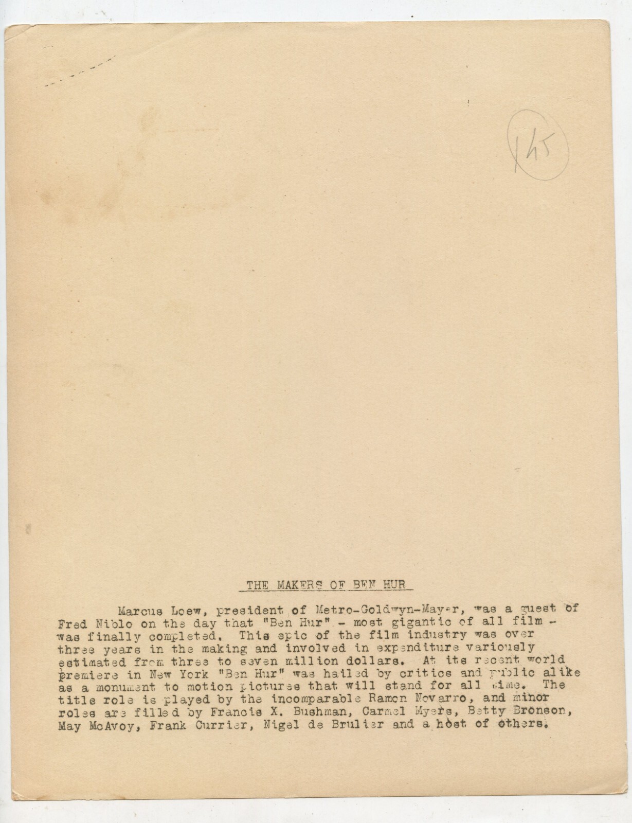 MARCUS LOEW & FRED NIBLO, THE MAKERS OF BEN HUR, GREAT PHOTO, f19390 | eBay