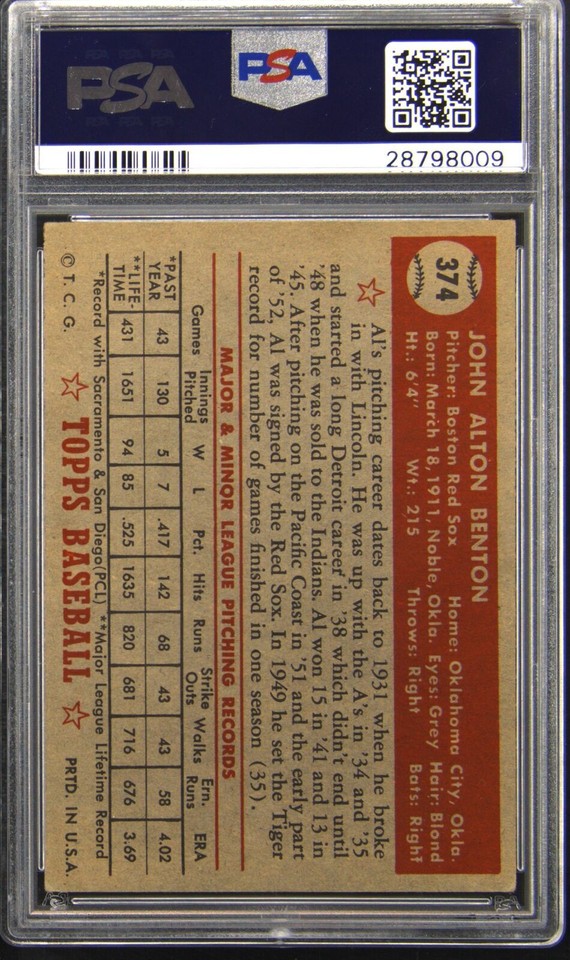 1952 TOPPS #374 AL BENTON PSA 5 | eBay