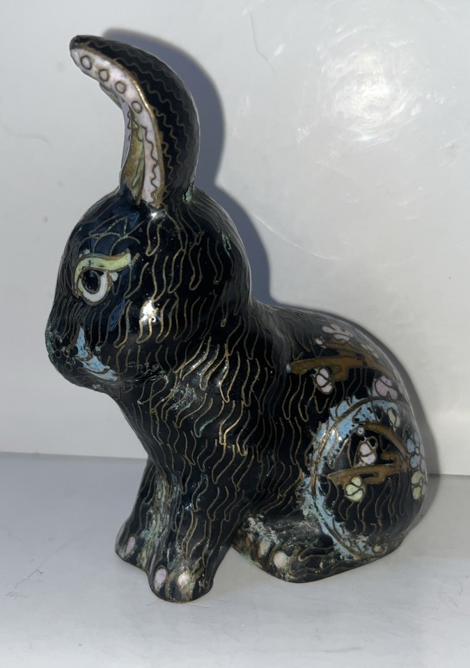 Vintage Chinese 4” Cloisonne Hand Painted Black Rabbit Figurine Floral ...
