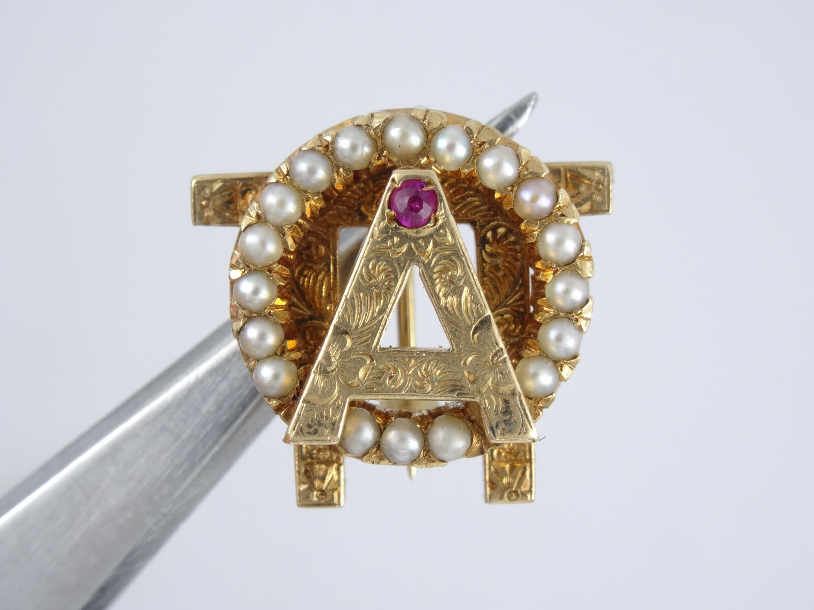 SOLID 14K GOLD ALPHA OMICRON PI SORORITY RUBY & PEARLS PIN BADGE ~ 5/8 ...