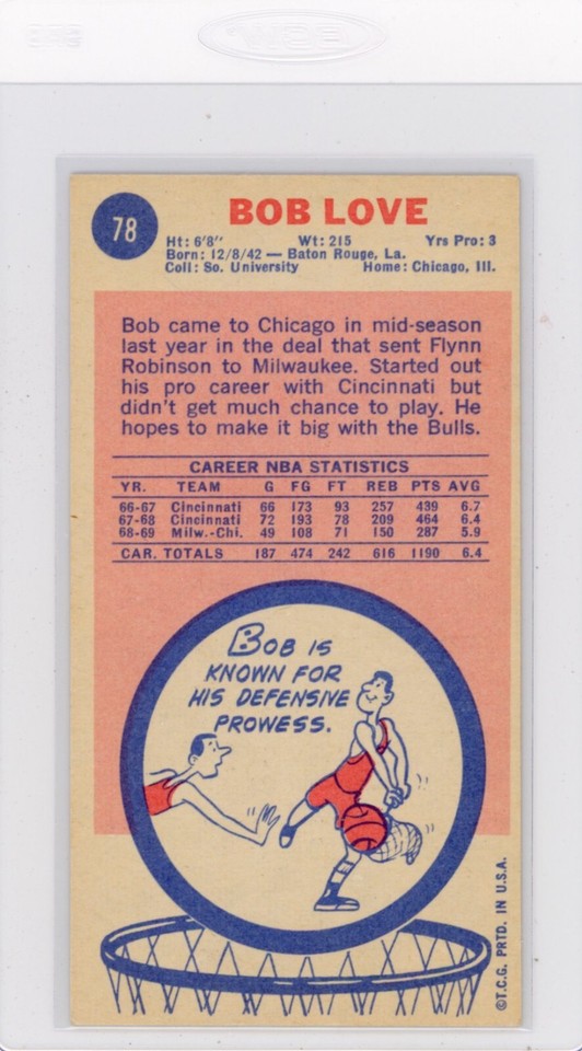 1969-70 TOPPS TALL BOY BOB LOVE #78 CHICAGO BULLS VG-EX NO CREASES NICE ...