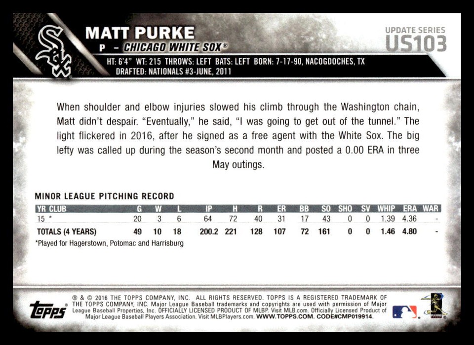 2016 Topps Update Matt Purke #US103 Chicago White Sox Baseball Card | eBay