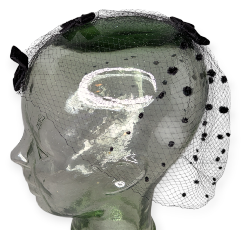 Vintage Black Net w/Polka Dots & Bows Head Covering One Size Fits Most ...