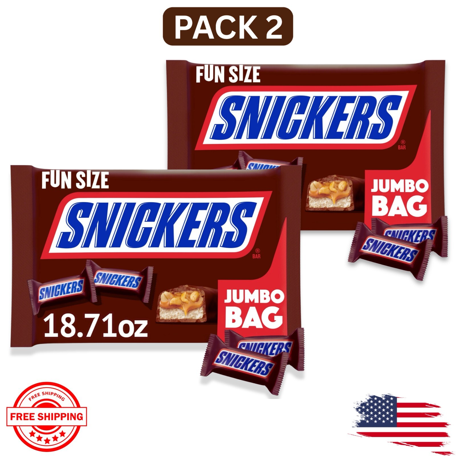 Snickers Fun Size Chocolate Bars, Jumbo Candy Bag (2 Pack) | eBay