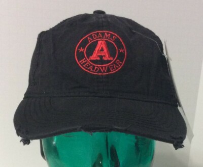 Adams Headwear Distressed Baseball Cap / Hat - Black with Red Logo ...