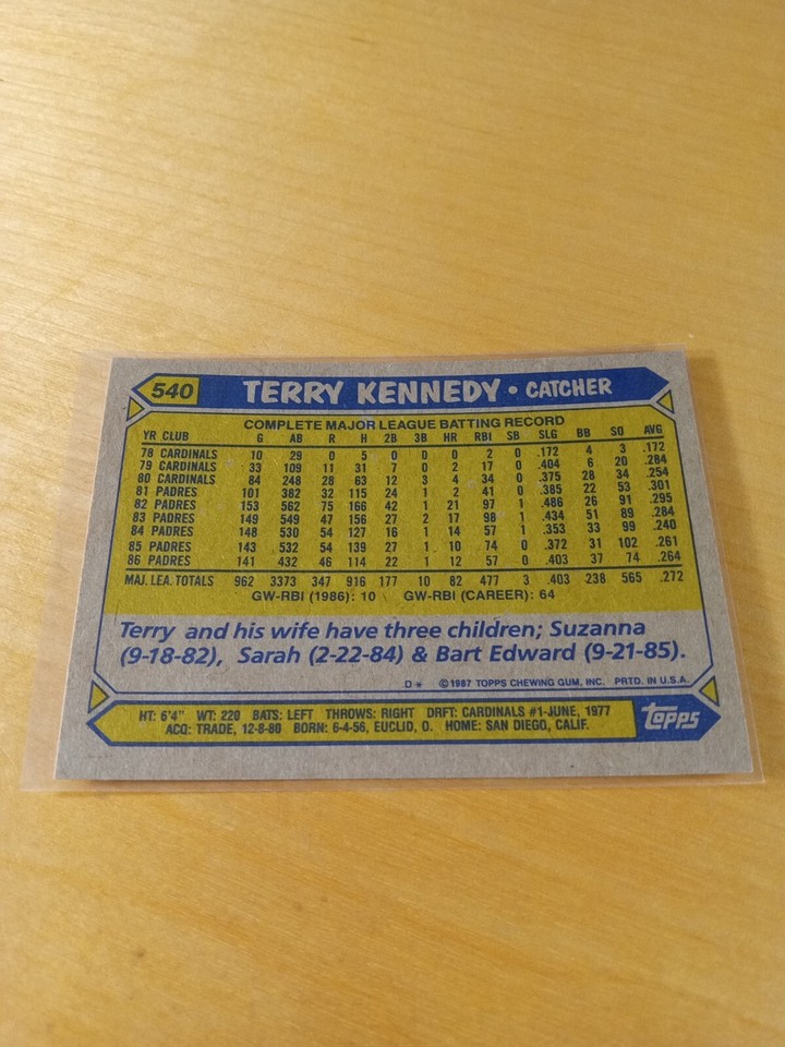 1987 Topps #540 TERRY KENNEDY San Diego Padres Baseball Card, Catcher ...