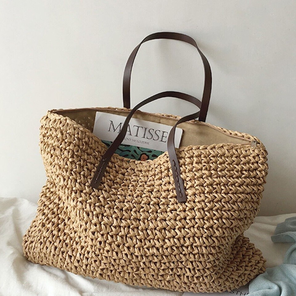 Large Everyday Straw Woven Summer Tote Bag Beach Fashion Handbag ...