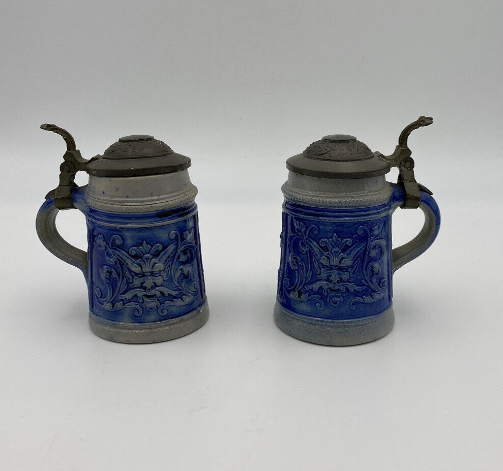 Lot of 2 Vintage Blue and Gray Salt Glaze Miniature Steins w/ Metal ...