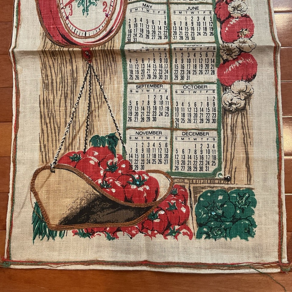 Vintage 1971 Kitchen Linen Calendar Tea Towel Garlic Tomatoes Yarn ...