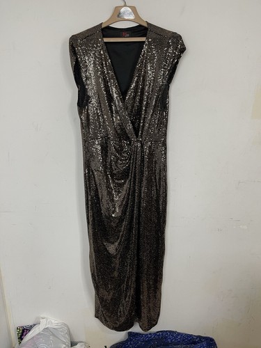 JM Studio Womens Dress 14 Gold All Over Sequin Wrap Maxi Cocktail Party ...
