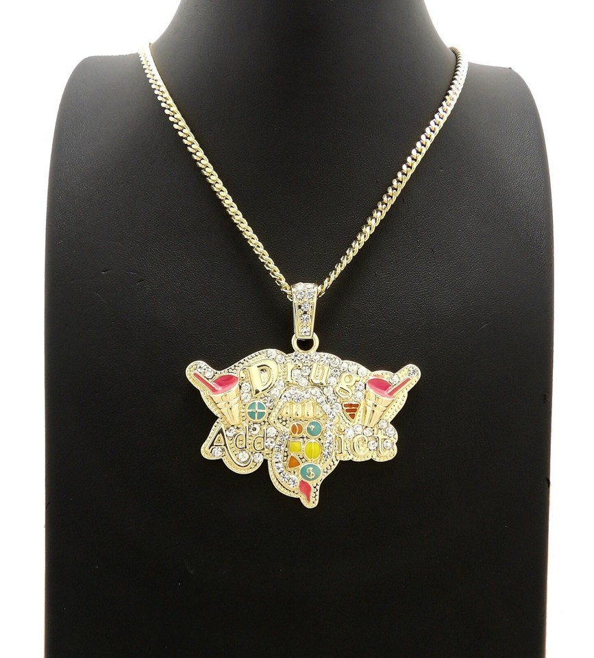 Iced Gold PT Lil Pump DRUG ADDICT Pendant Box Cuban Rope Chain Hip Hop ...