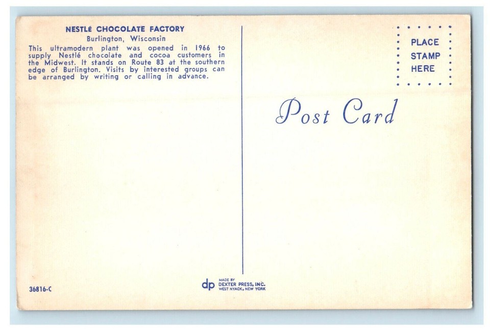 c1960s Nestle Chocolate Factory Burlington Wisconsin WI Unposted ...
