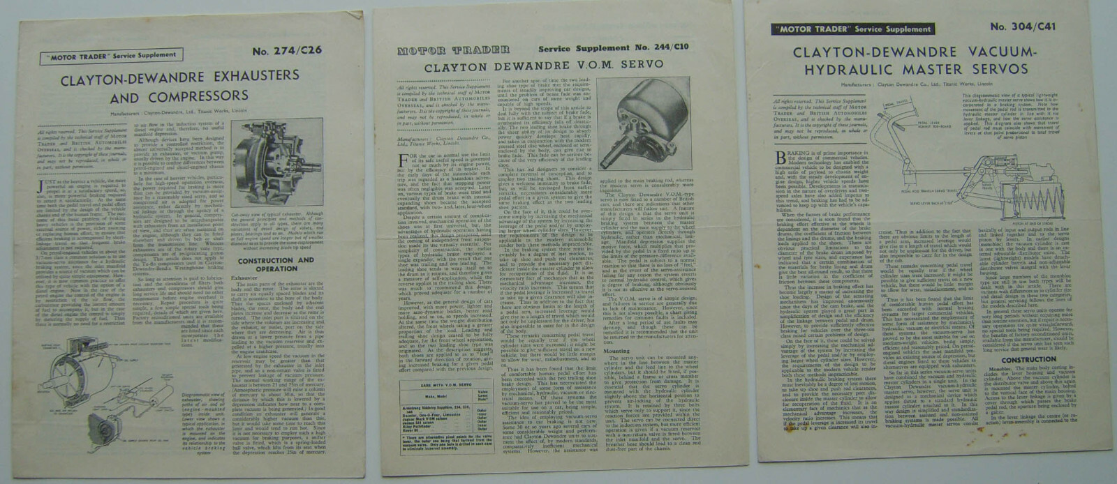 Clayton Dewandre Motor Trader Service Supplements x 3 Nos. 244 274 304 ...
