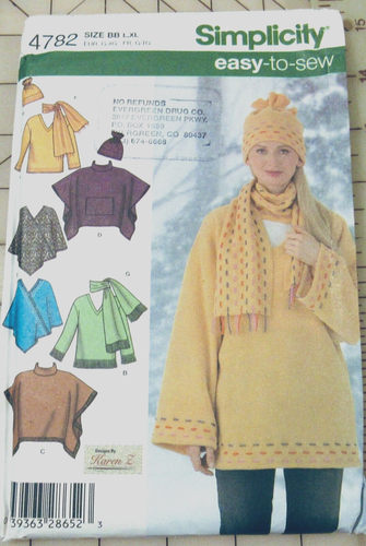 SIMPLICITY PATTERN 4782 SZ L-XL LOOSE FIT FLEECE PULLOVER TOP PONCHO ...