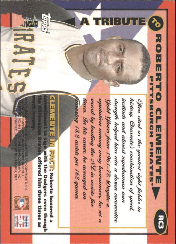 1998 Topps Clemente Tribute #RC3 Roberto Clemente Follow through on ...