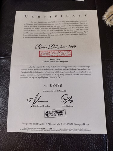 STEIFF "ROLLY POLLY BEAR 1909" PERFECT CONDITION, CERTS, BOX & OUTER ...