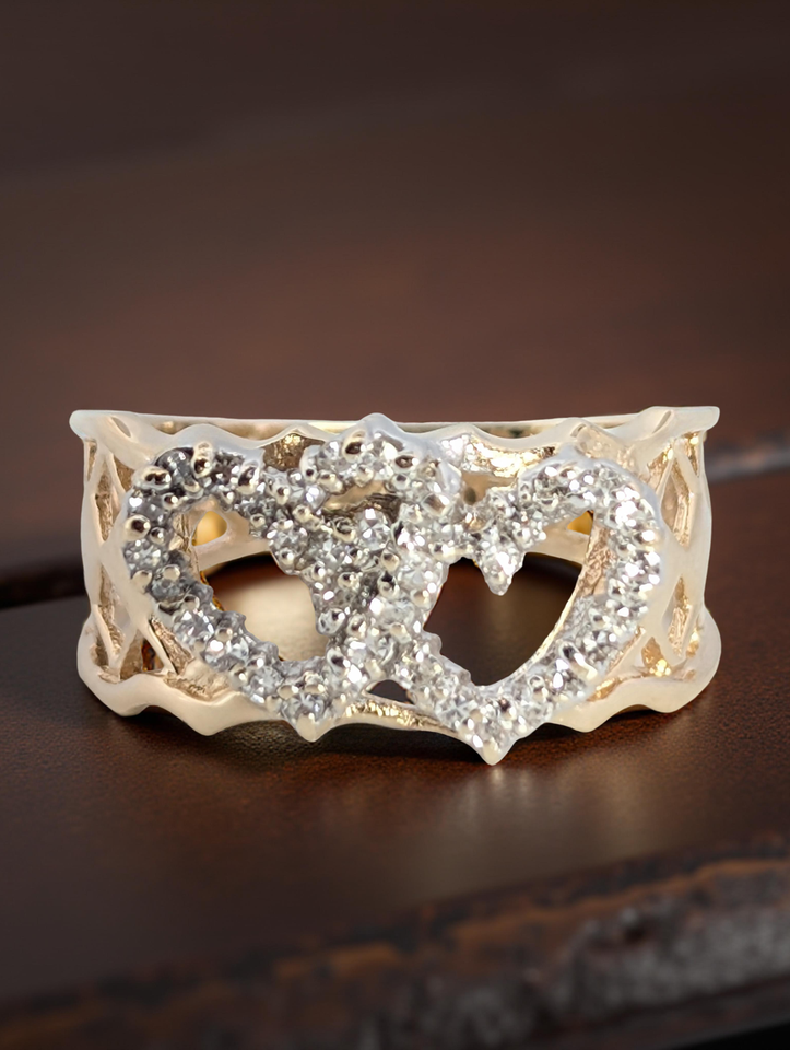 SOLID 14K YELLOW GOLD NATURAL DIAMOND INTERLOCKING HEART RING SIZE 6.5 ...