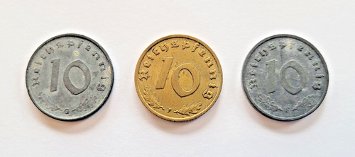 1939, 1941, 1942 Nazi Germany 10 Reichspfennig - Coins - WWII - 3 Pc ...