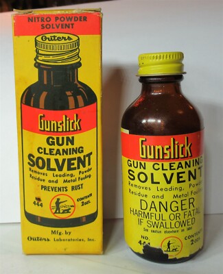 Vtg Outers 2 ounce No. 444 Gunslick gun cleaning solvent bottle + box ...