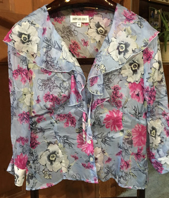 Judy Lee Cole button shear light blue floral Ruffle blouse sz 4 | eBay