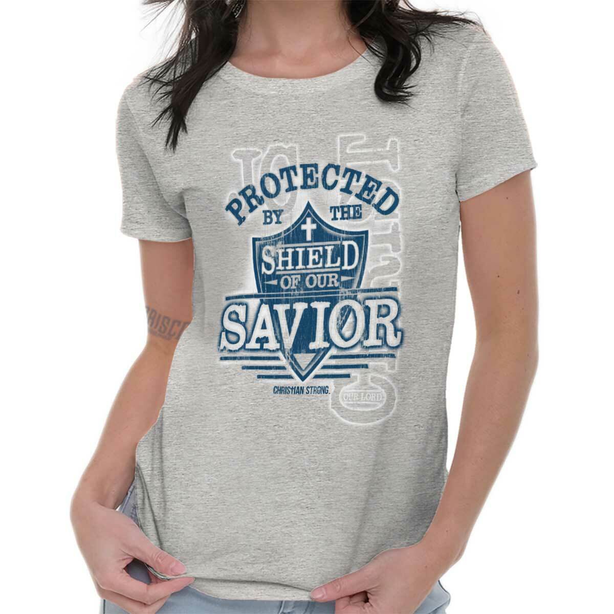 Christian Protected By Shield of the Savior Womens Top Junior Graphic ...