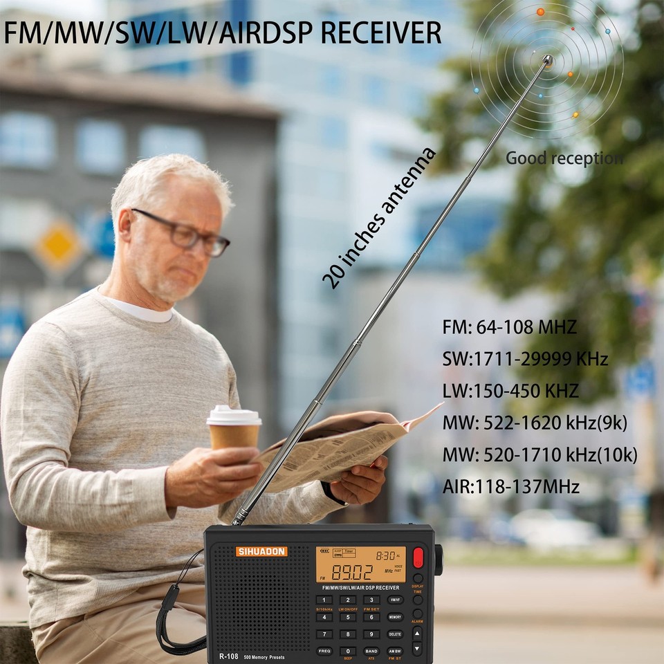 SIHUADON R108 Portable Radio AM FM SW LW Airband Full Band DSP Radio ...