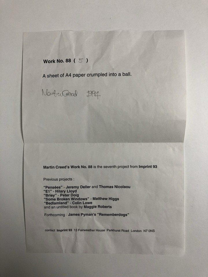 Martin Creed Work No.88 Ball Of Paper 1994 With Matthew Higgs | eBay UK