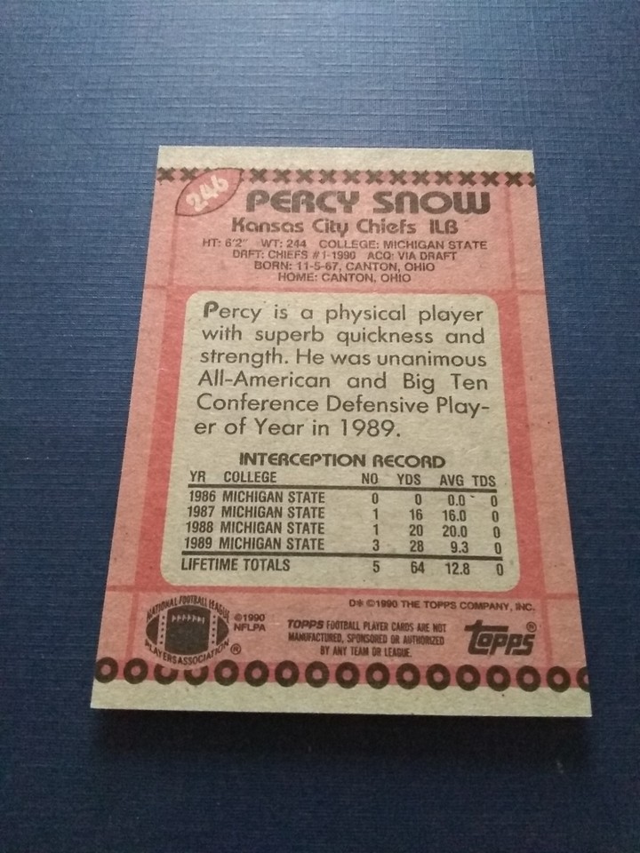 1990 Topps Football Percy Snow Rookie Card #246 Set Break NM-MT | eBay