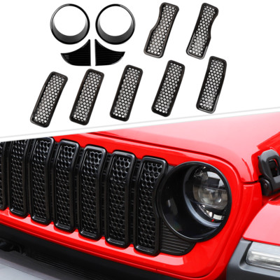 Black Front Grille Net Mesh Headlight Covers Trim For Jeep Wrangler JL ...