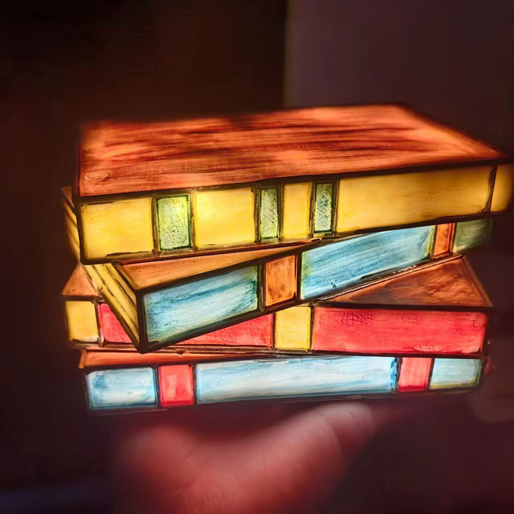 Stained Glass Stacked Books Lamp Decorative Vintage Reading Book Table ...