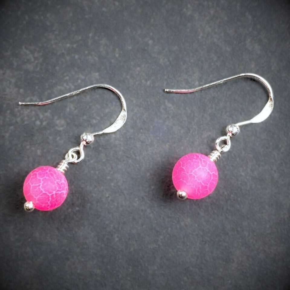 Crackled Agate Earrings - Pink - 925 Sterling Silver - Wire Wrapped ...