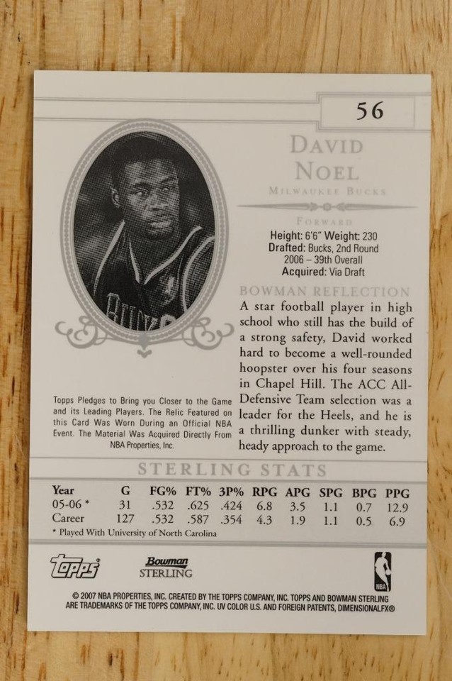 2006-07 Bowman Sterling David Noel #56 Rookie Jersey Relic Basketball ...