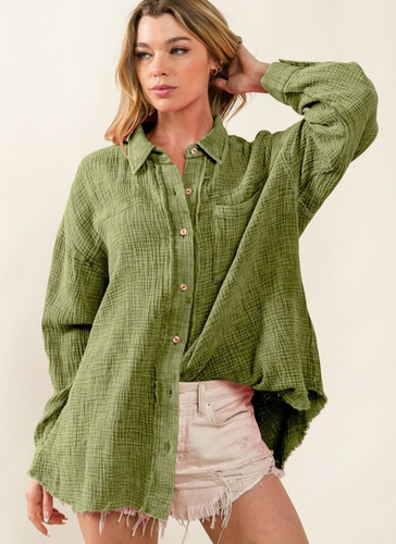 BiBi Shirt Raw Edge Detailed Mineral Washed Loose Fit Olive Oversized ...