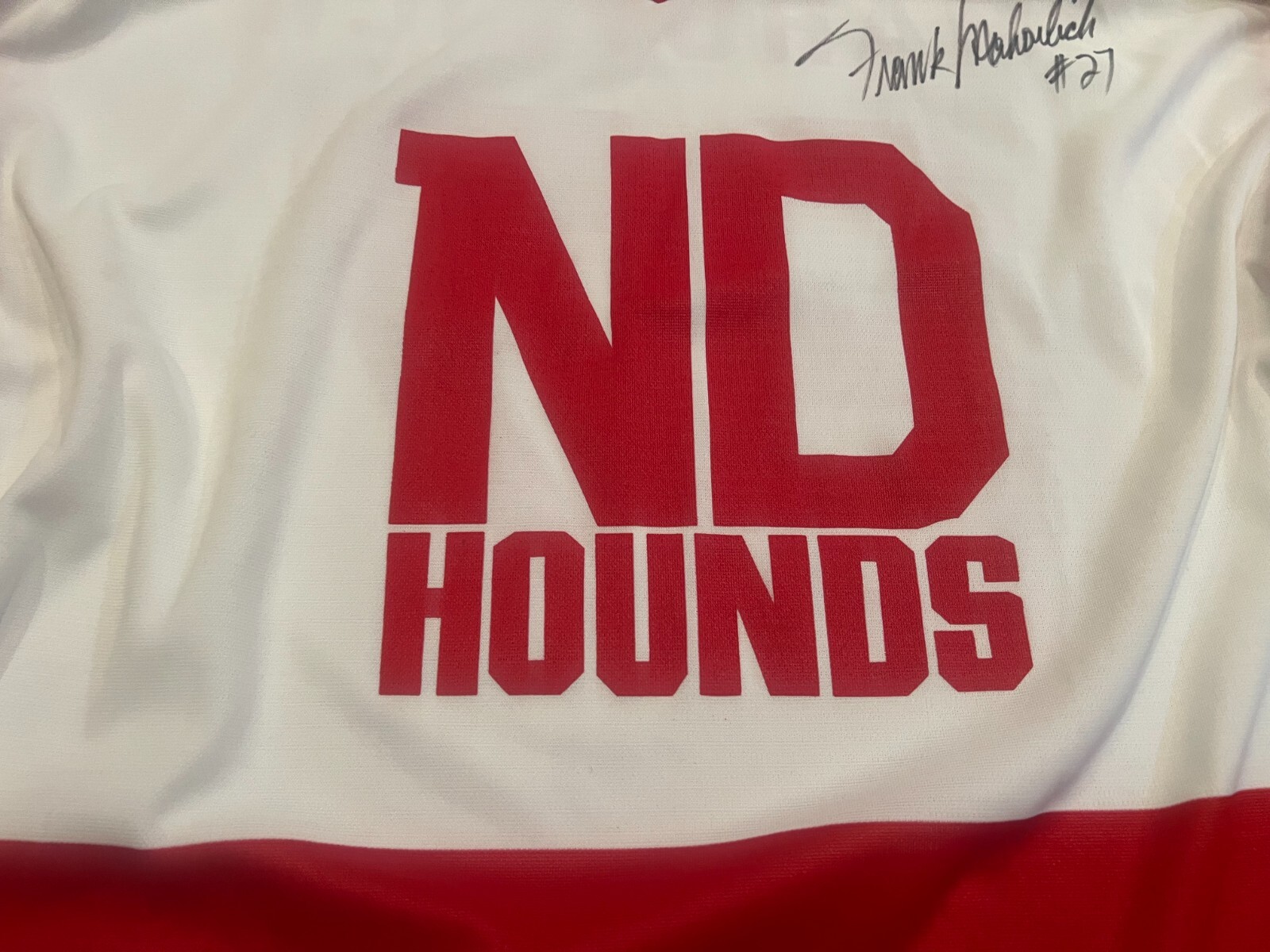 HOF FRANK MAHOVLICH SIGNED HOCKEY ND HOUNDS NOTRE DAME HATTEM JERSEY XL ...