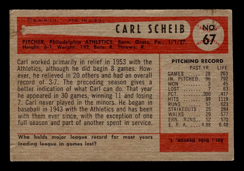 Carl Scheib 1954 Bowman #67 Philadelphia Athletics GD-VG | eBay