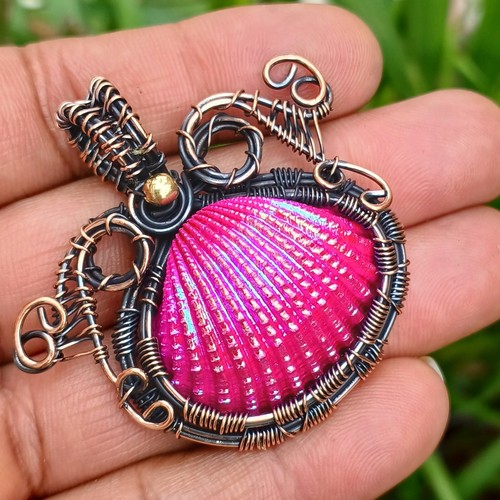 Fancy Pink Shell Gemstone Handmade Jewelry Copper Wire Wrapped Pendant ...