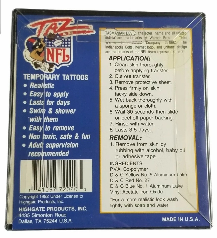 Vtg 1992 Indianapolis Colts Looney Tunes Taz Temporary Tattoos NFL ...