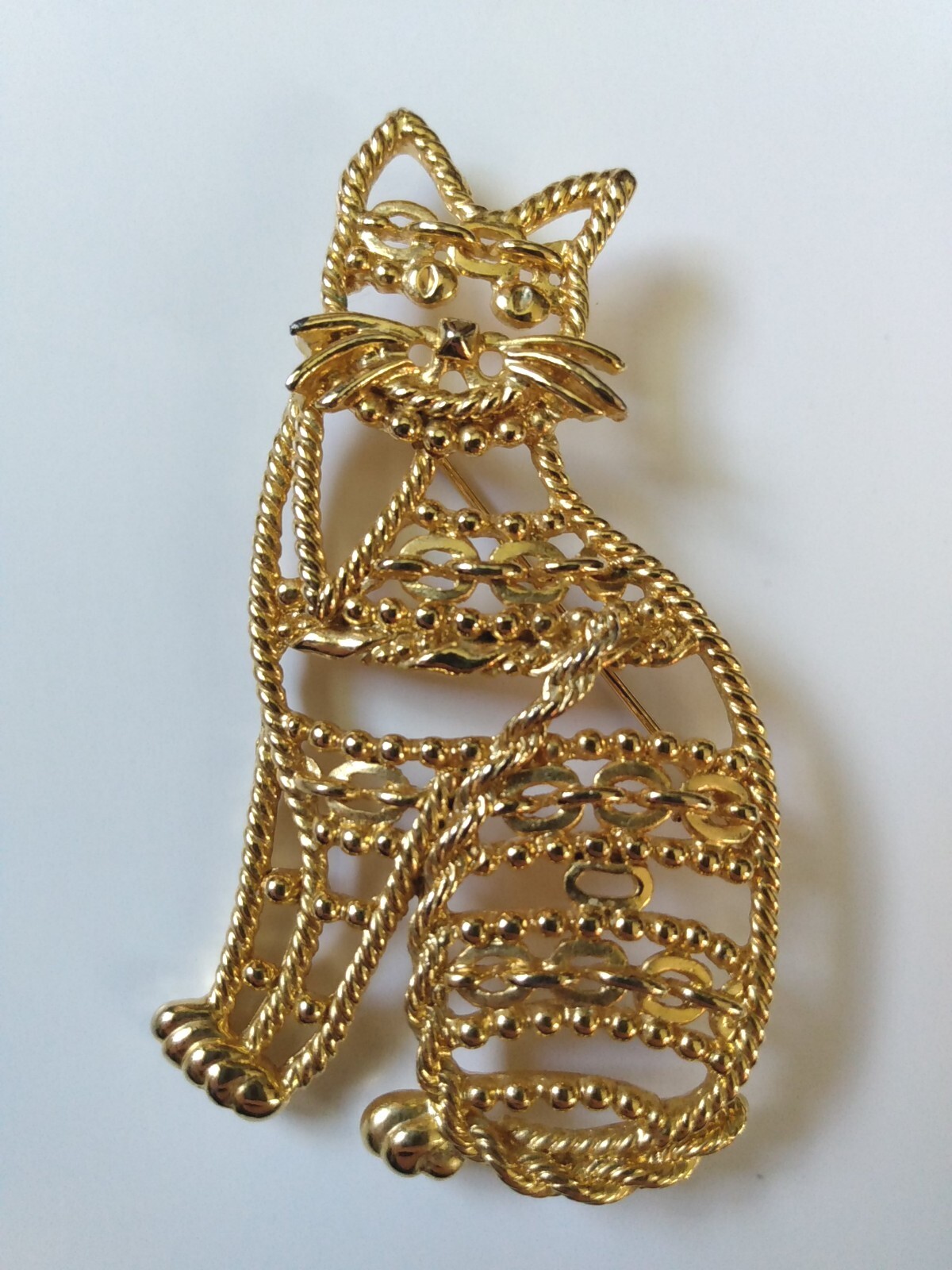Vtg 80s AJC gold tone CAT pin brooch LARGE textured rope modern ...