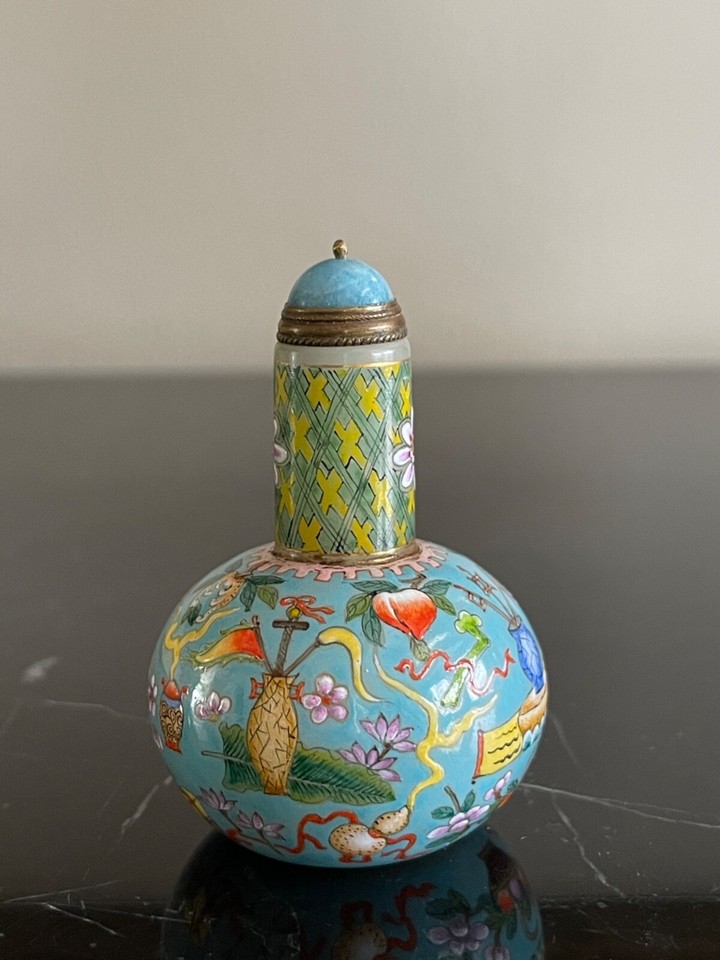 Vintage Chinese Aqua Ground Multicolor Hand Painted Peking Glass Bottle ...