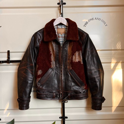 Men's Vintage Jacket Tea Core Horsehide Patchwork Lamb's Wool Grizzly ...