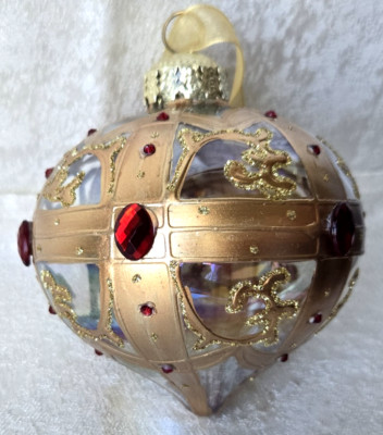 Frontgate Glass Teardrop Christmas Ornament 4" Clear W/Gold ...