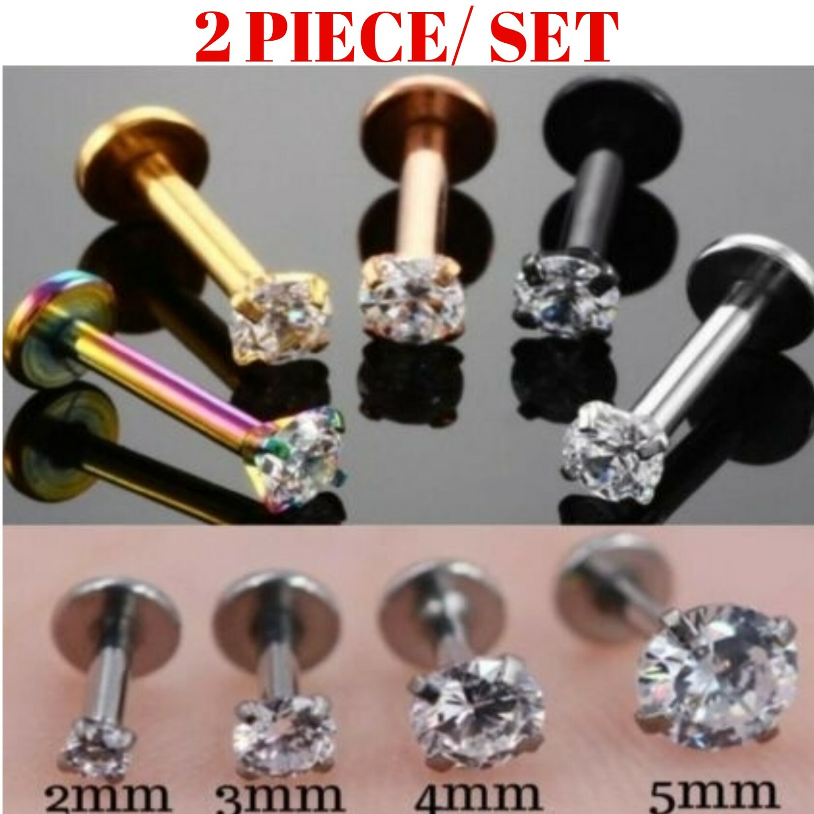 2 PCS Labret Monroe Tragus Helix Bar Bars Ear Cartilage Lip Stud Nose ...