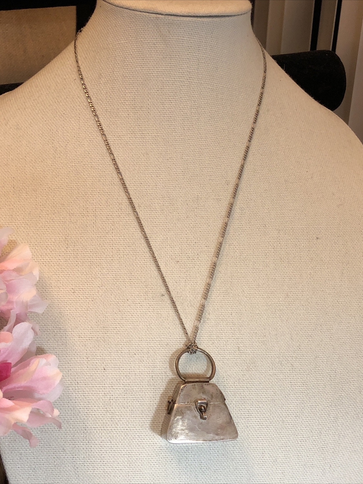 5. TAXCO 925 Sterling Figaro chain 3D PURSE Locket Pendant Necklace 24 ...