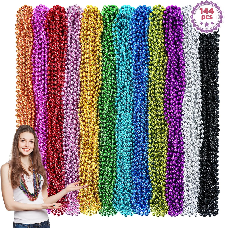 144PCS Mardi Gras Beads, 12 Colors Mardi Gras Beads Bulk, 33'' 7Mm ...