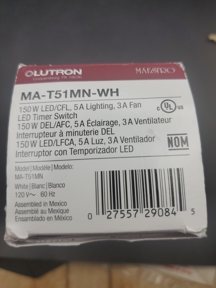 NEW Lutron Maestro MA-T51-WH Single Pole Fan Light Timer Switch 120 V ...