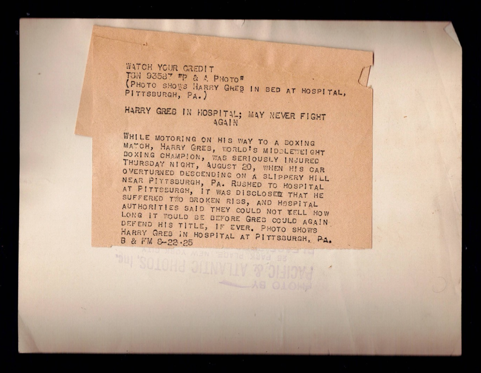 SUPER RARE 1925 CHAMPION BOXER HARRY GREB ORIGINAL WIRE PHOTO boxing ...